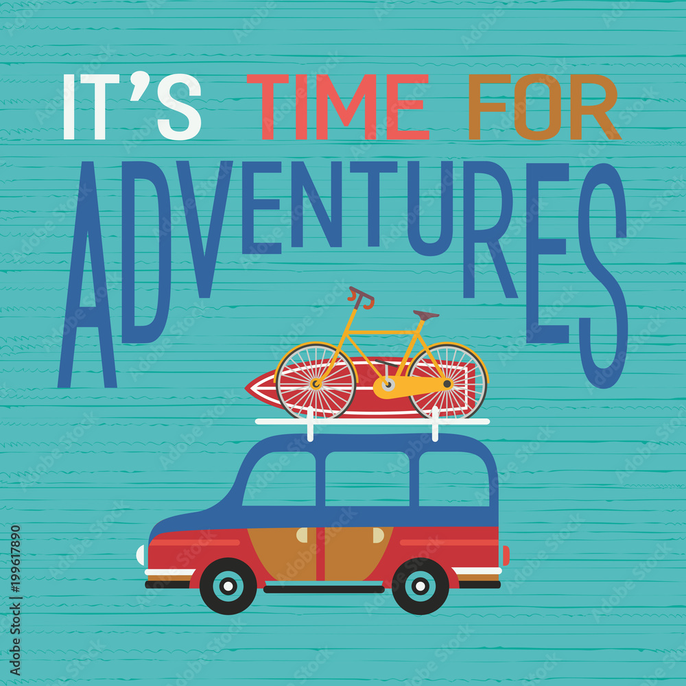Time for adventure. Typography poster concept. Colorful flat style. Red ...