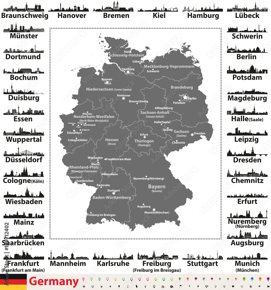 Germany map with state capitals and largest cities skylines silhouettes ...