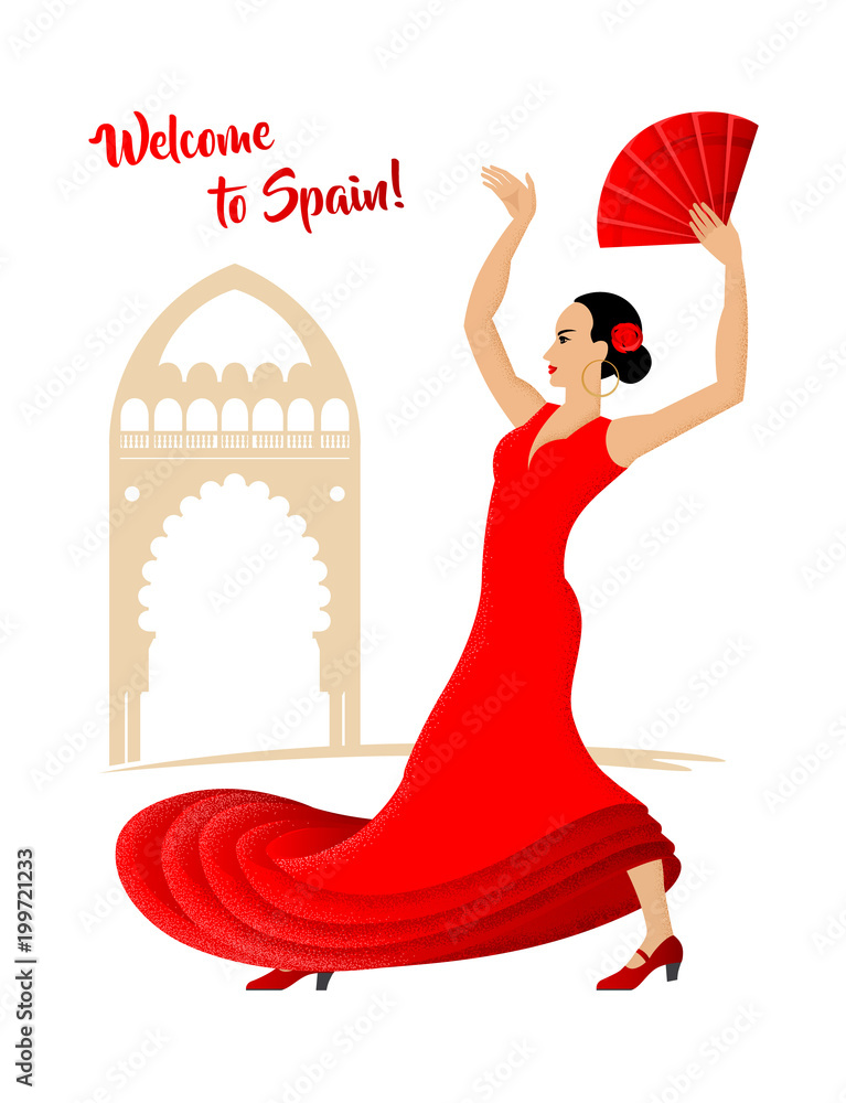Color graphic cartoon drawing of a beautiful Spanish flamenco dancer in ...