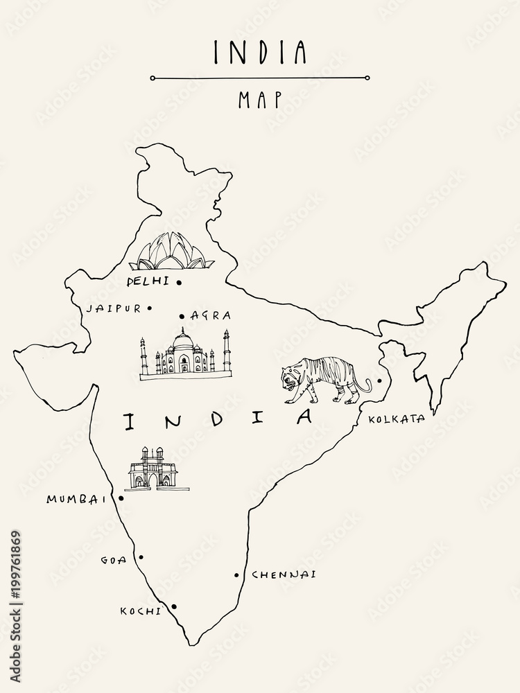 Map of India. Vintage hand drawn postcard Stock Illustration | Adobe Stock