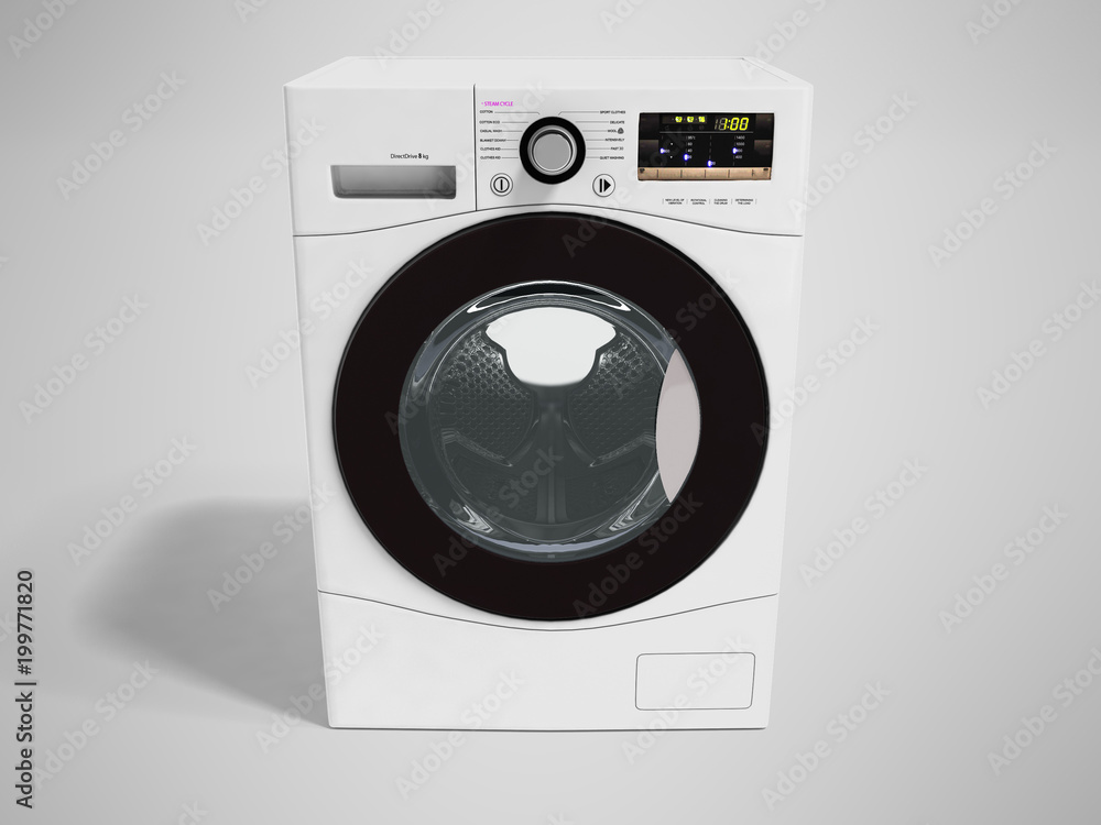 Modern washing automatic electric car white with black inserts in front 3d render on gray fonts ...