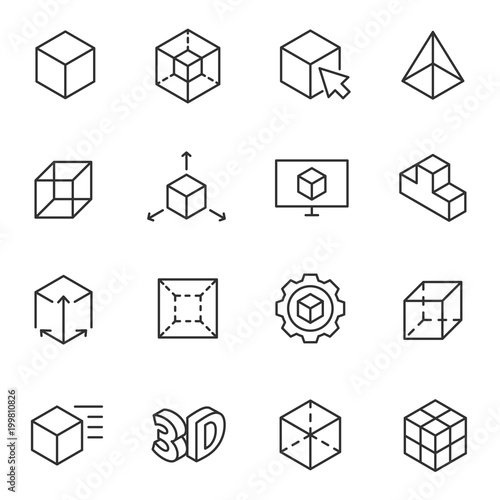 3d Modeling Icon Set 3 Dimensional Model Thin Line Design Line With