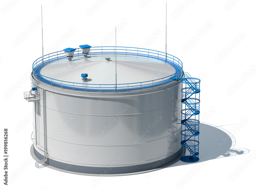 3d illustration of the oil storage. A gray cistern is located on a ...