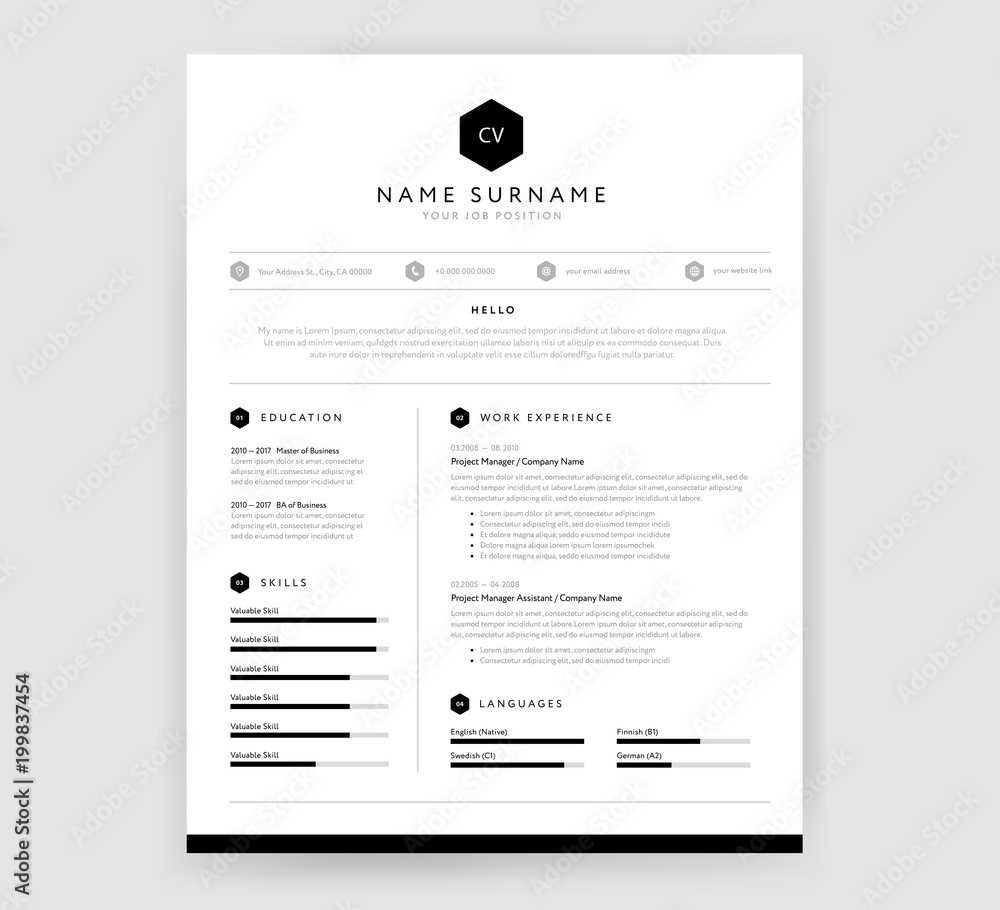 CV curriculum vitae template minimalist black and white vector Stock ...