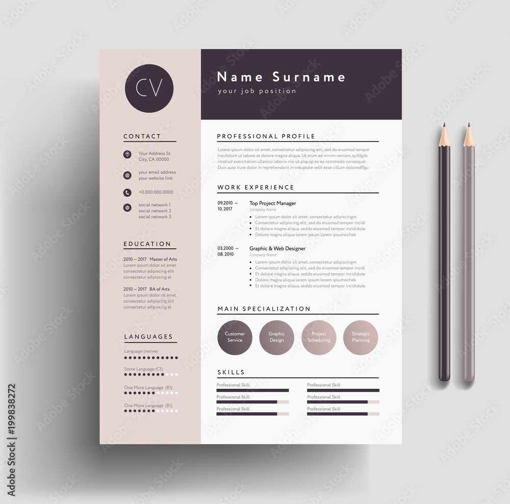 Beautiful CV / Resume template - elegant stylish design - dusty pink ...