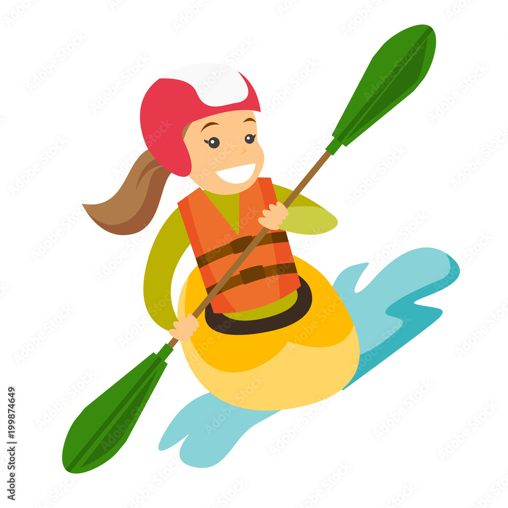 Caucasian white sportswoman in helmet and life jacket riding a kayak on ...
