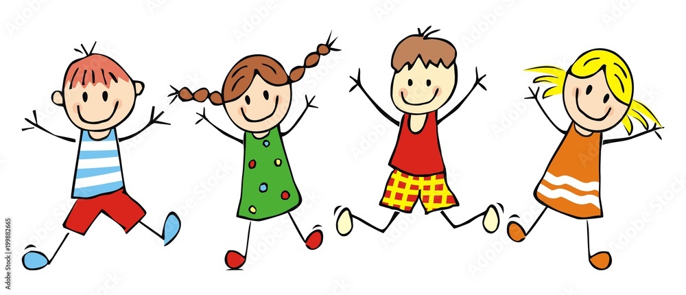 Happy kids, jumping girls and boys, funny vector illustration Stock ...