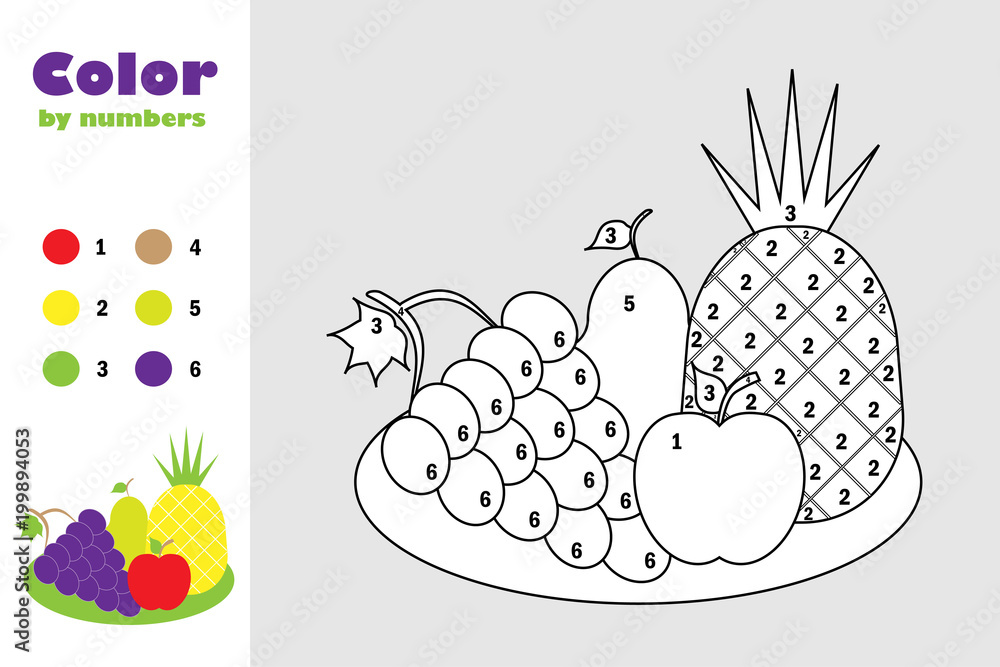 Fruit on the plate in cartoon style, color by number, education paper ...