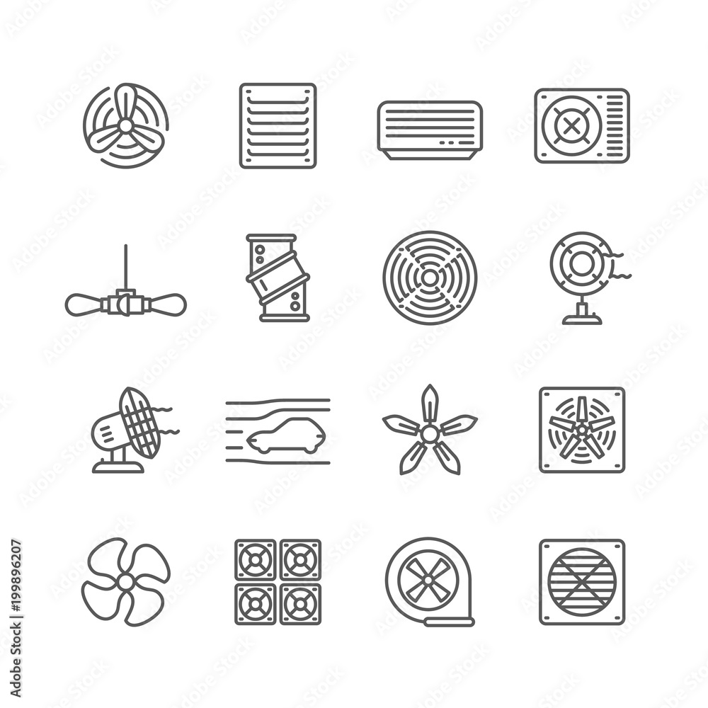 Heating and cooling airflow pictograms. Ventilation, airing filter, fan ...