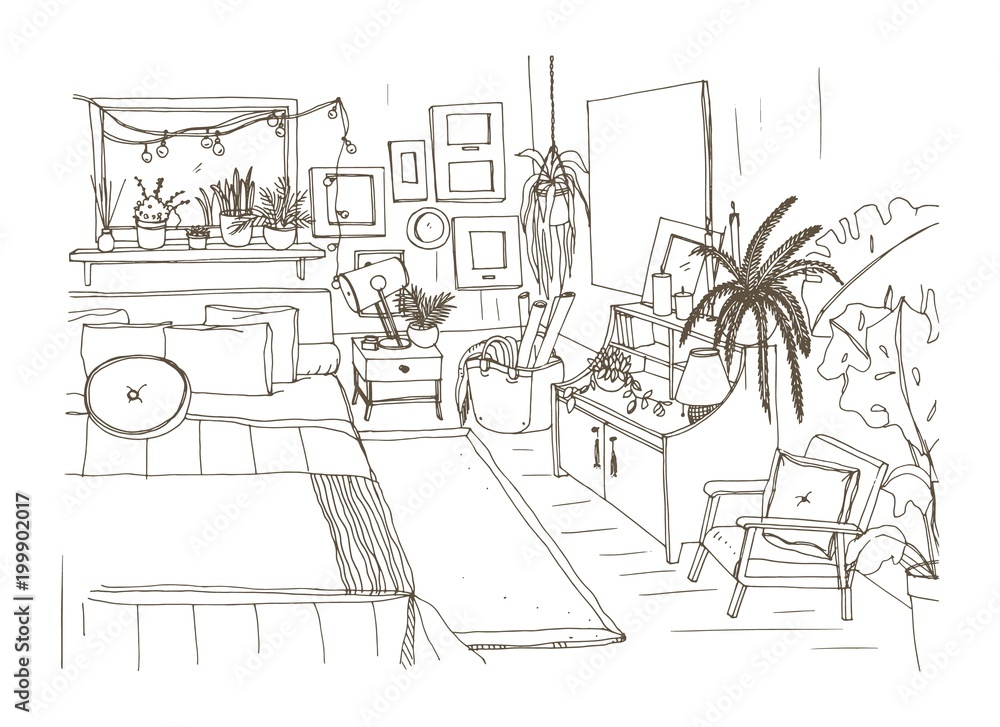 Monochrome sketch of comfortable bedroom furnished in Scandinavian ...