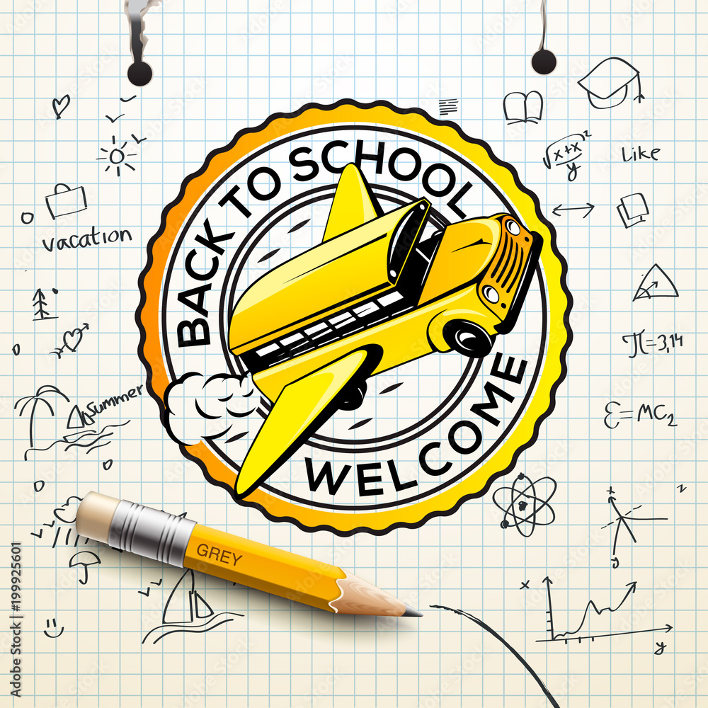 Welcome Back to school logo, checkered paper sheet texture, freehand ...
