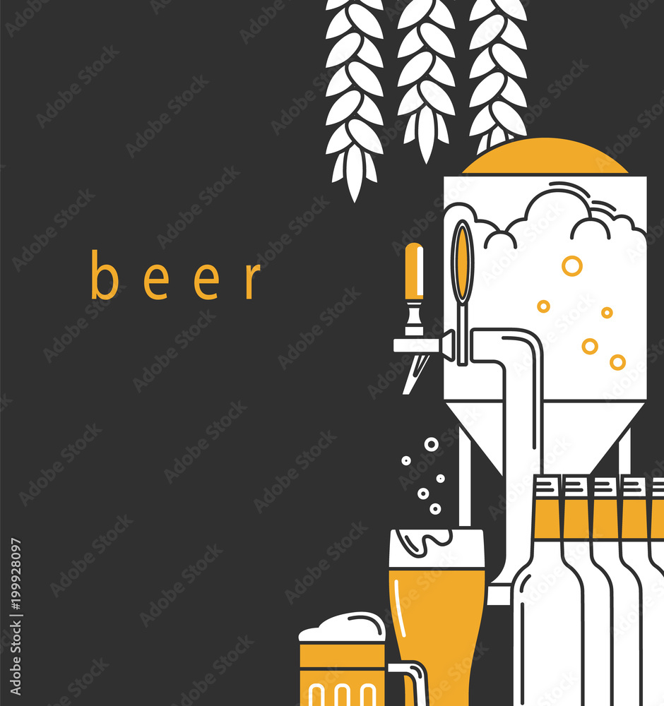 Beer mug, glass, beer tap, equipment for the brewery, wheat and hops. A ...