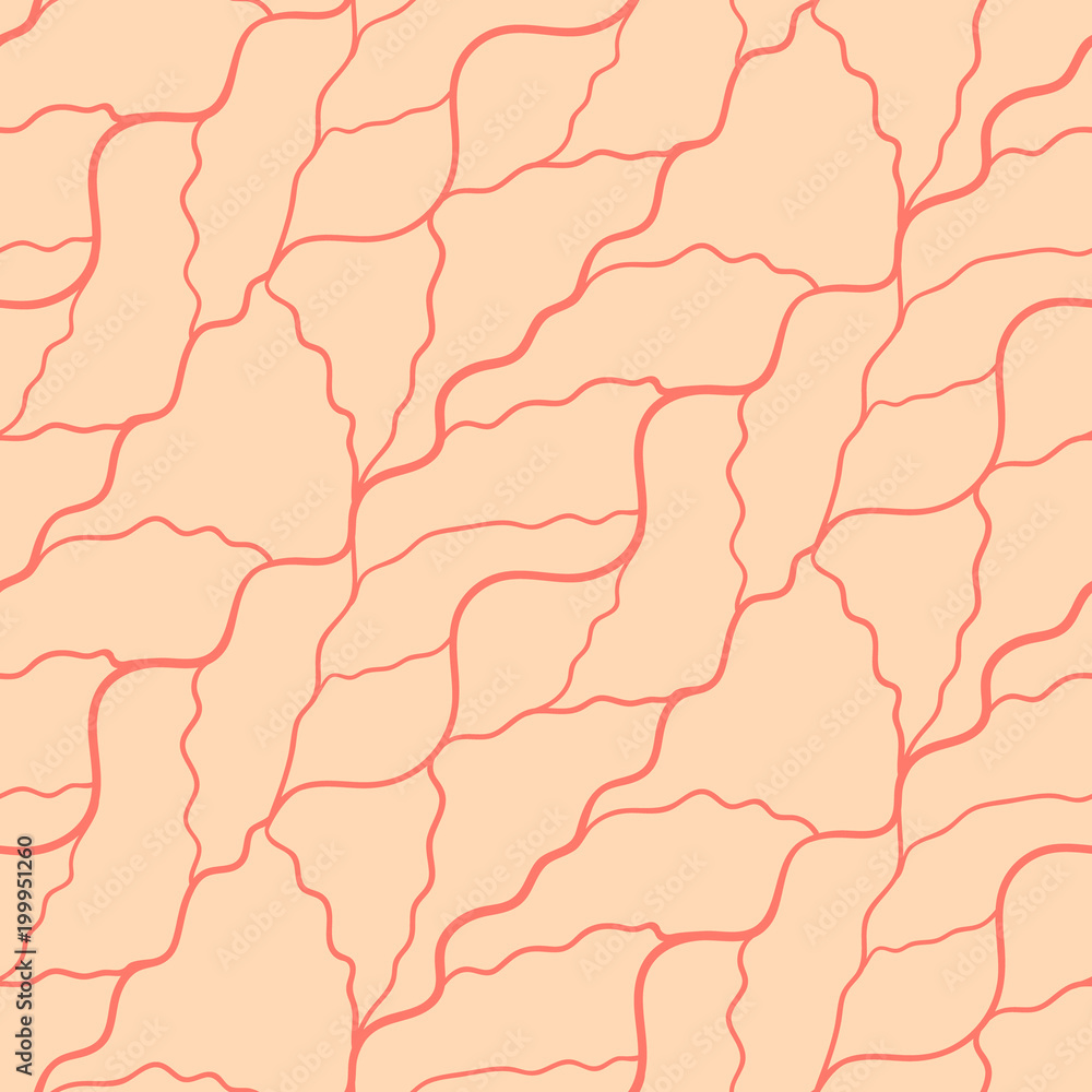 Seamless pattern with abstract irregular wavy red lines on orange ...
