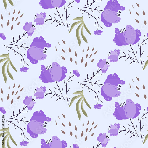 Bright summer seamless pattern with purple poppy flowers and leaves ...
