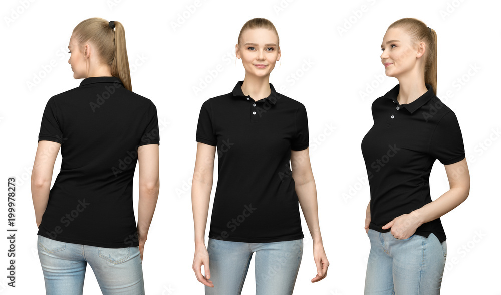 Photo Stock Set promo pose girl in blank black polo shirt mockup design for print and concept ...