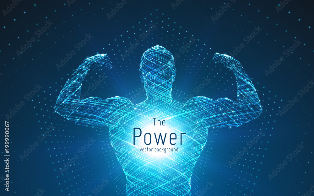 Vector strong man. Big biceps formed with swirl lines and glowing ...