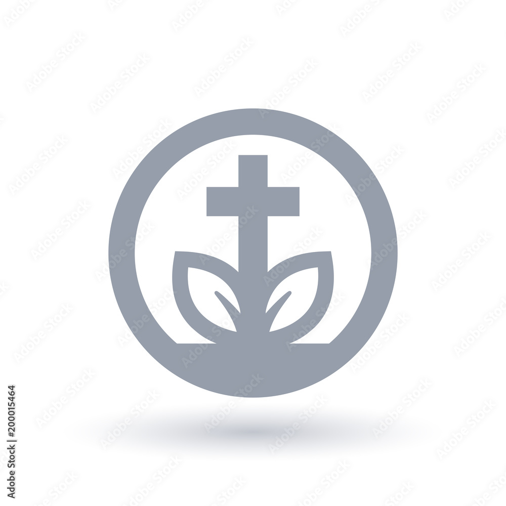 Christian cross plant leaf icon in circle outline. Concept spiritual ...