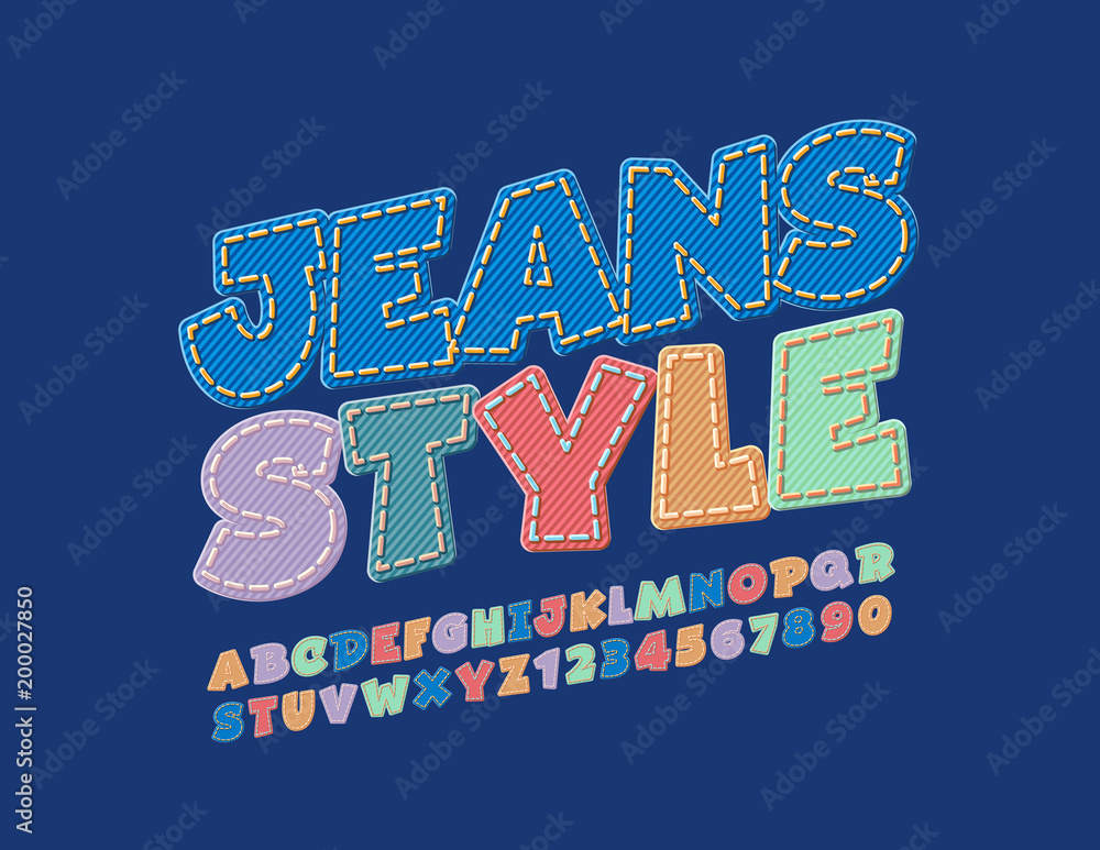 Vector Jeans Style Alphabet set. Rotated Denim Font. Fashion Design ...