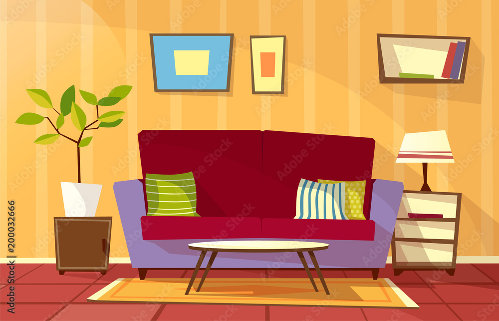 Vector cartoon living room interior background template. Cozy house ...