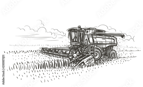 Combine harvester working sketch illustration. Vector. Stock Vector ...