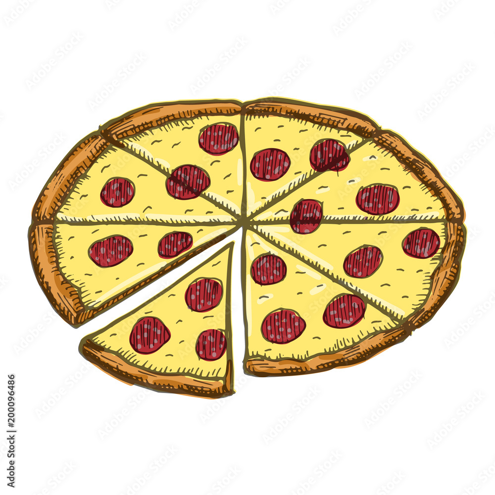 Vector vintage pizza drawing. Hand drawn color fast food illustration ...