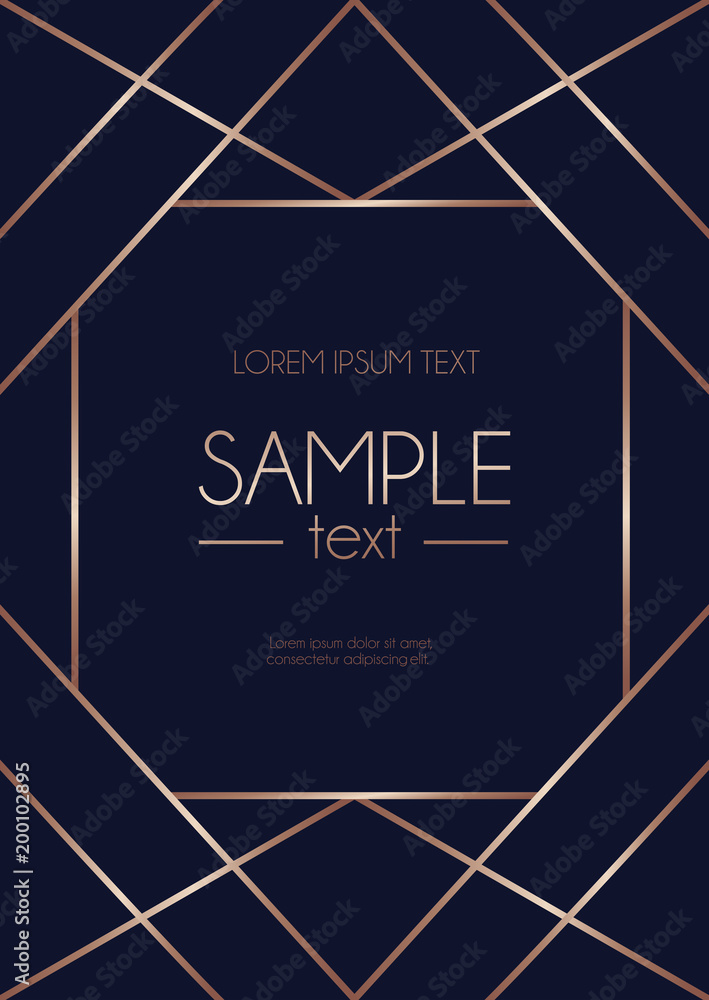 Geometric rose gold design template with abstract lines on navy blue ...