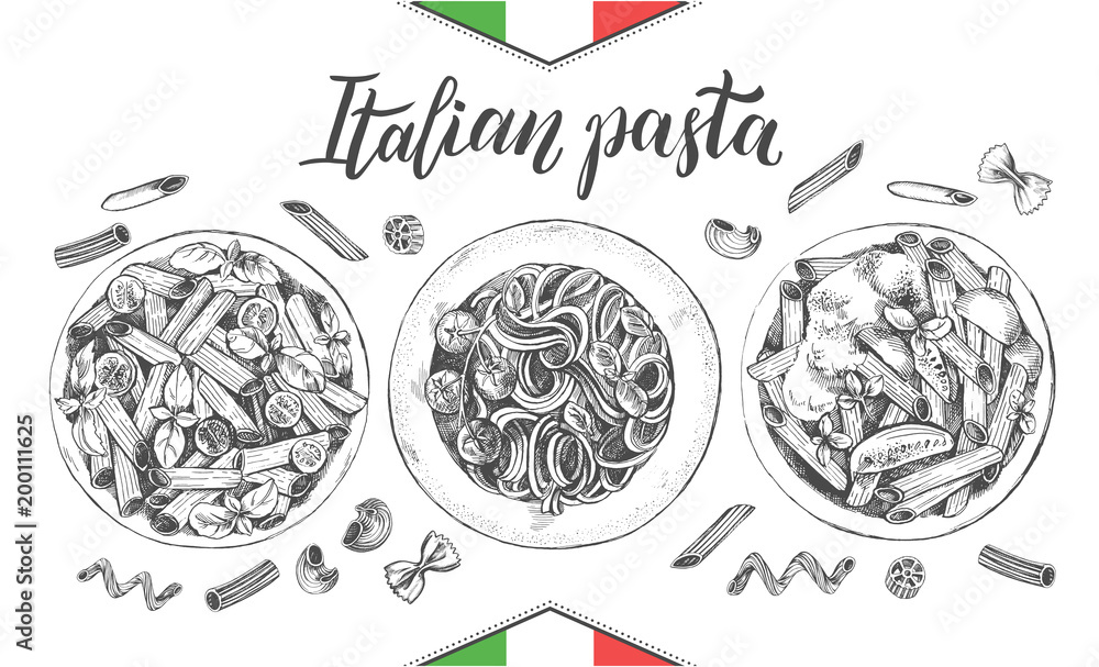 Spaghetti and penne pasta with cherry tomatoes and basil. Dish of ...