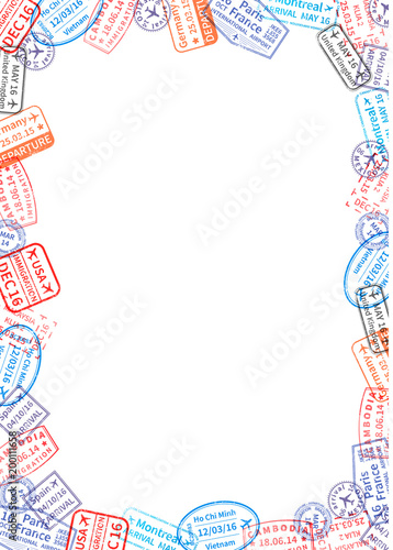 Vertical a4 size white sheet of paper with frame made from travel visa ...