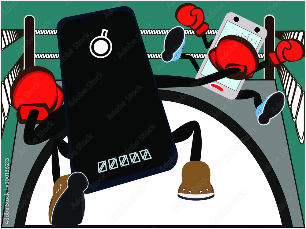 Smartphone battle or mobile phone fight as a boxer match. Competition ...