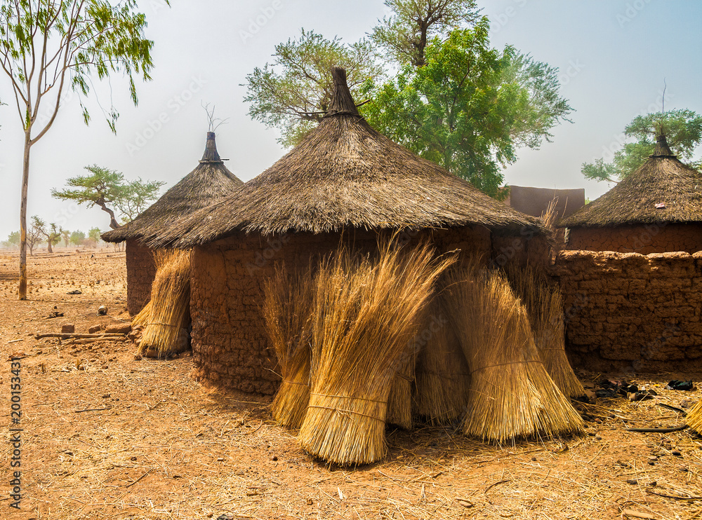 Traditional huts in an african village of Burkina Faso with some ...