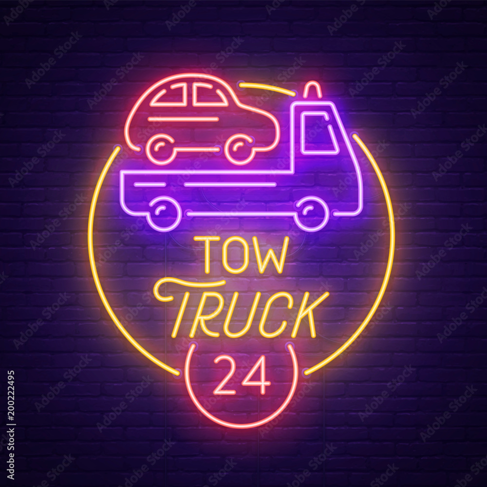 Tow Truck neon sign, bright signboard, light banner. Tow Car logo ...