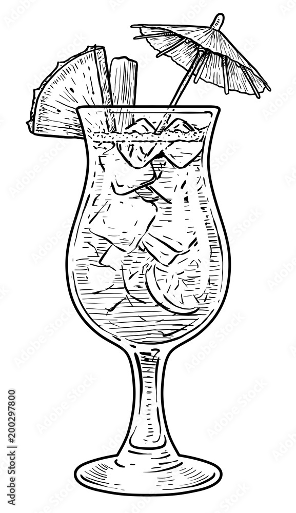 Cocktail illustration, drawing, engraving, ink, line art, vector Stock ...