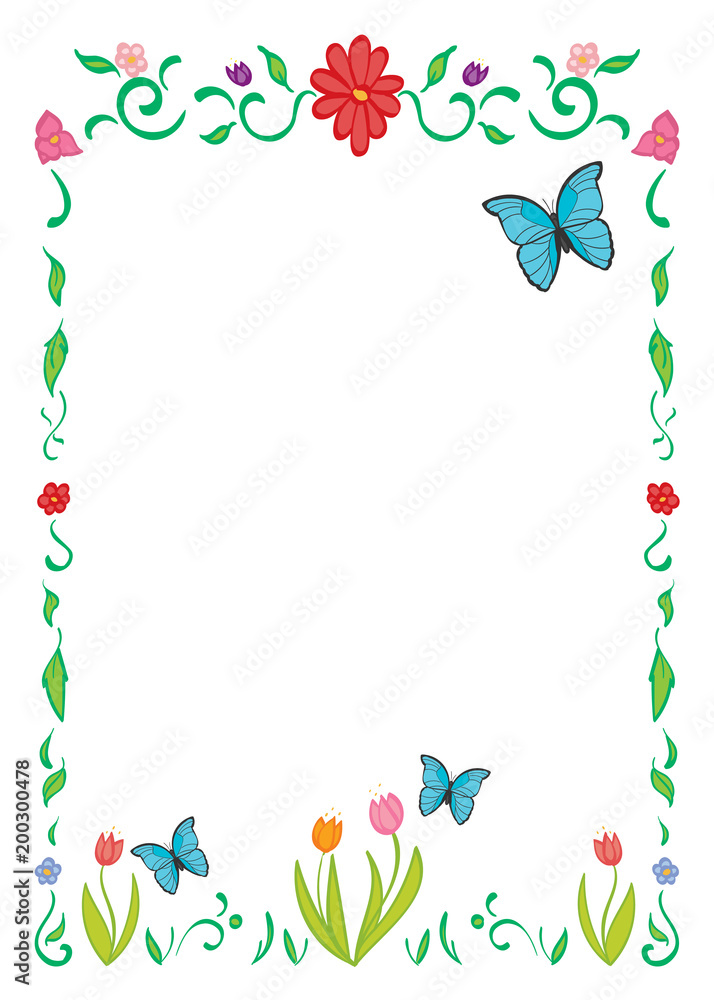 Border Frame of spring flowers and butterflies. Stock Vector | Adobe Stock