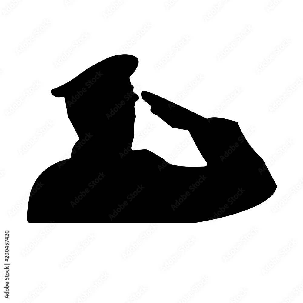 saluting soldier silhouette on white background, in black, wearing hat ...