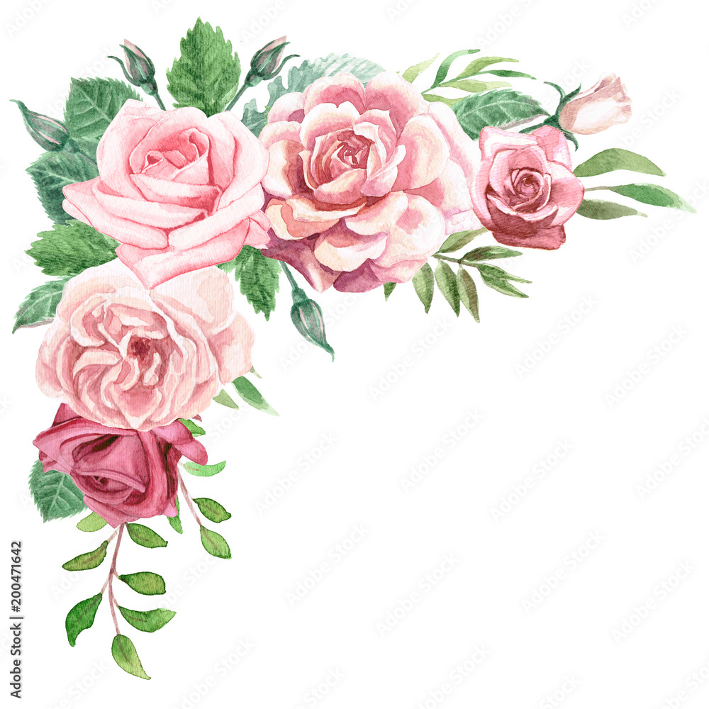 Watercolor Roses and Greenery Foliage Corner Stock Illustration | Adobe ...