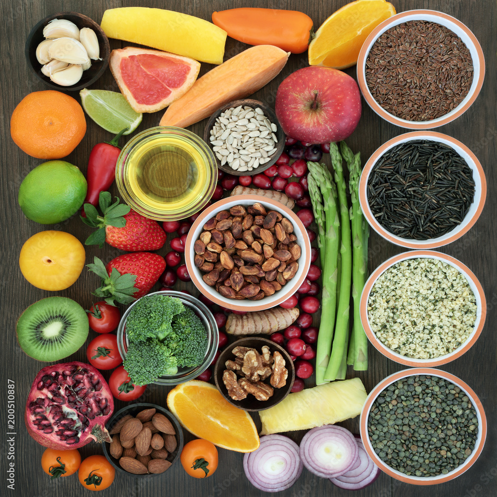 Super food for a healthy heart with fruit, vegetables, nuts, seeds ...