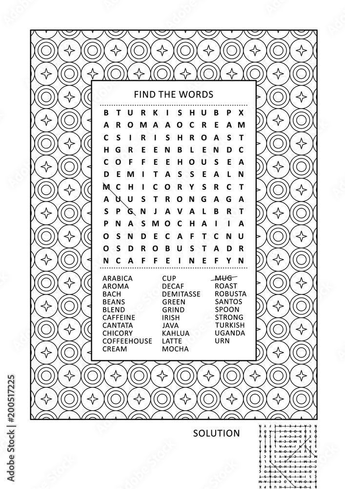 Puzzle and coloring activity page for grown-ups with coffee themed word ...