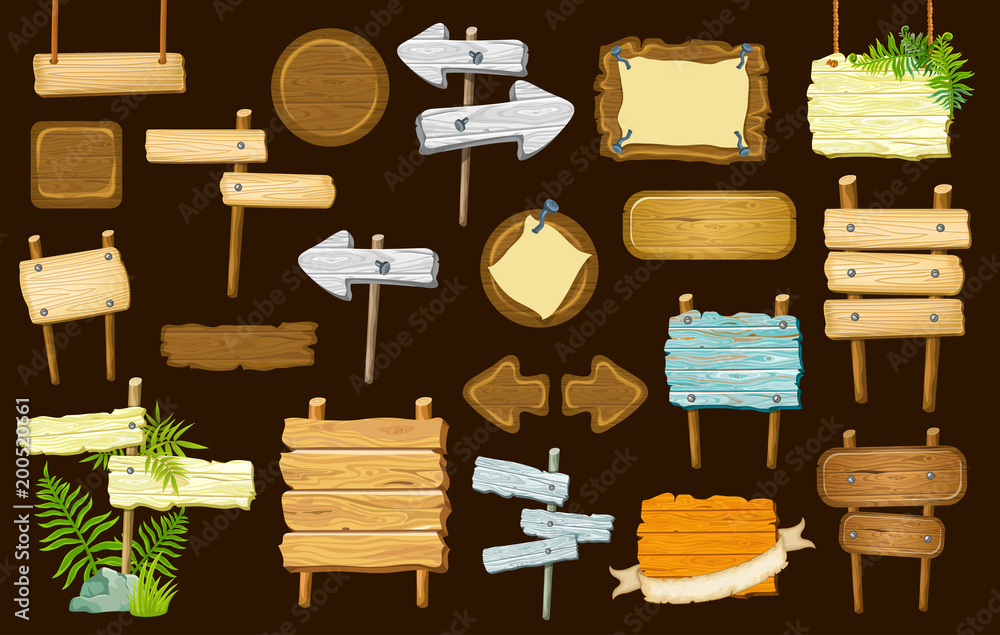 Cartoon game panels in jungle style against a dark background, wooden ...