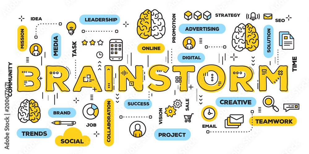 Vector creative illustration of brainstorm yellow word lettering ...