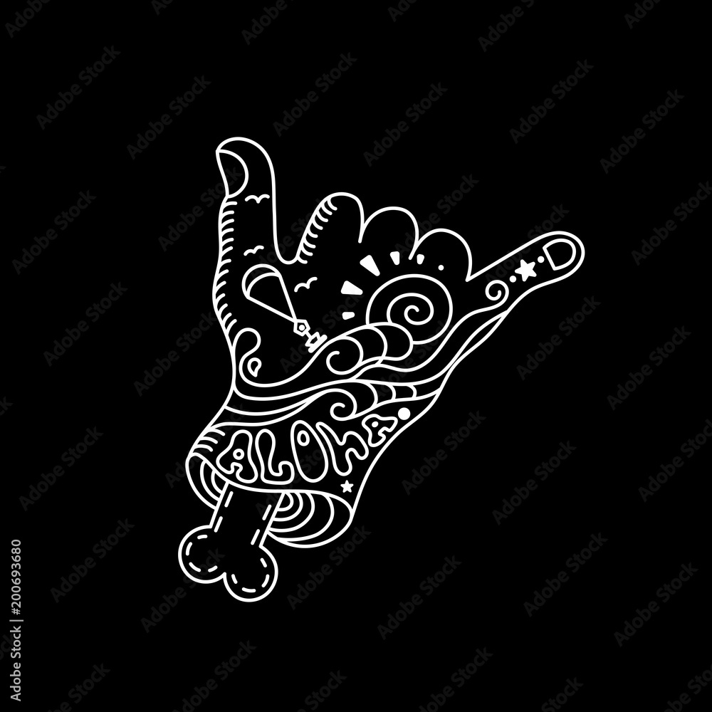 Shaka hand surf sign vector.Cartoon Hang Loose Hand Gestures.Surfing Waves.Hand drawn vector ...