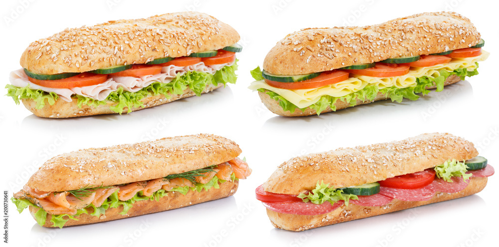 Collection of sub sandwiches with salami ham cheese salmon fish whole ...