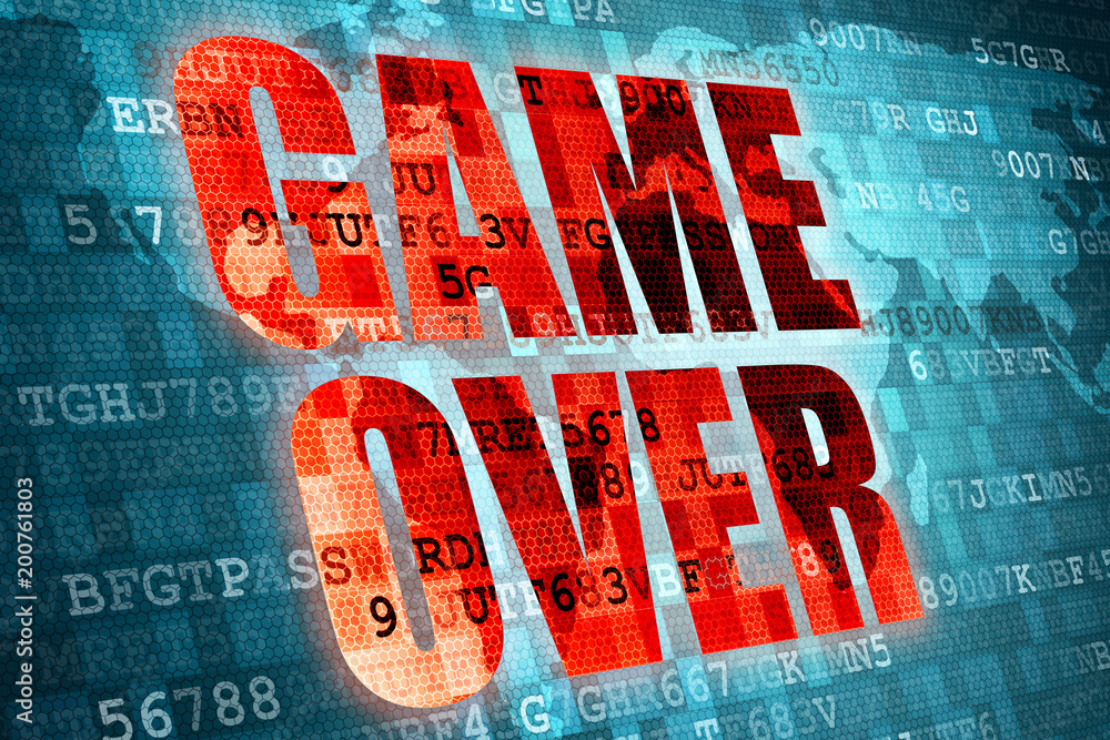 illustration of Pixel red game over screen on blue digital world map ...