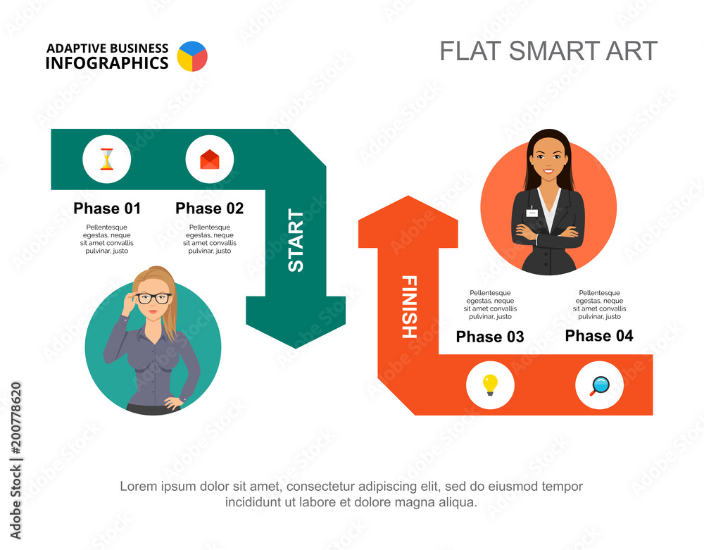 Four phase infographic design with arrows. Editable template for ...