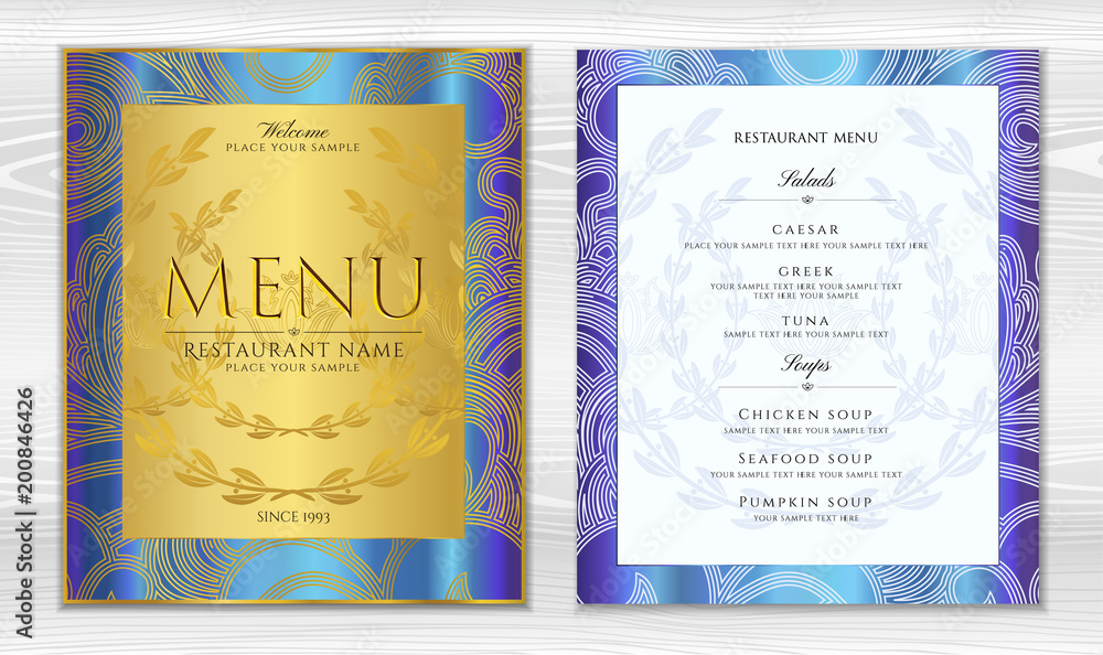 Design Restaurant Menu template in black color with gold frame pattern ...