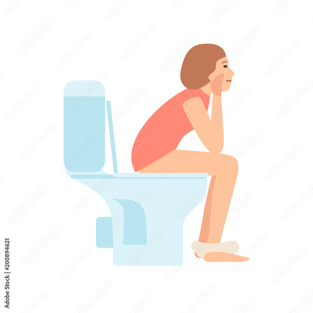 Thoughtful young woman or girl sitting on toilet and pooping isolated ...