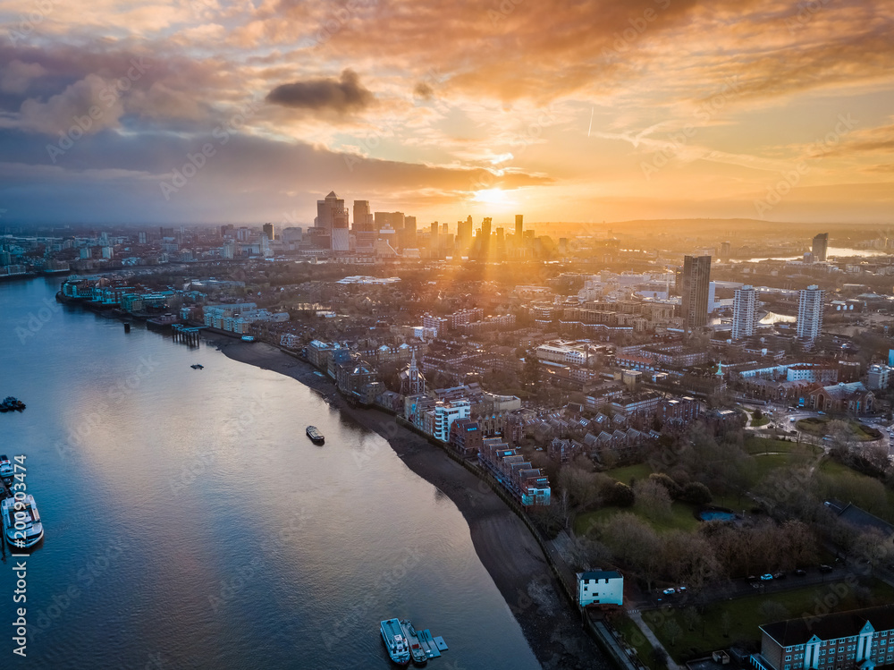 London, England - Panoramic aerial skyline view of east London at ...
