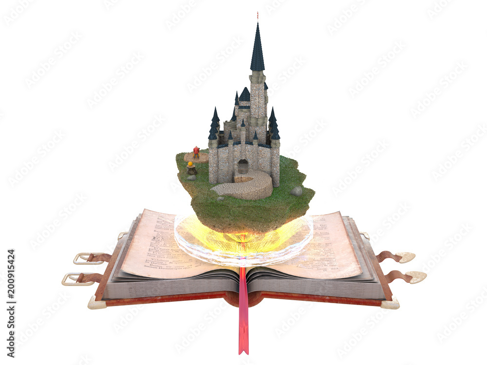 old vintage fantasy book medieval style open with a fantasy castle ...