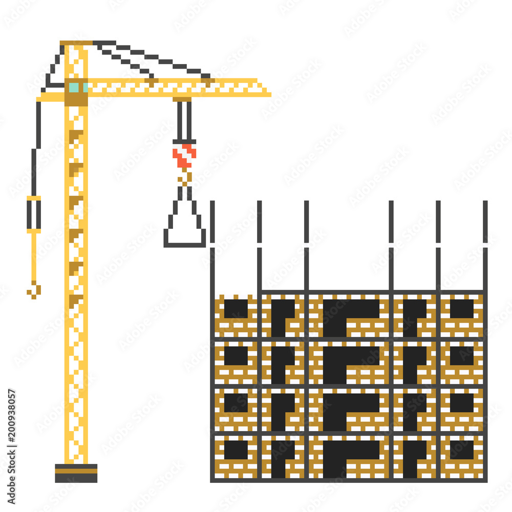 Construction building house with crane in 8 bit retro style. Pixel ...