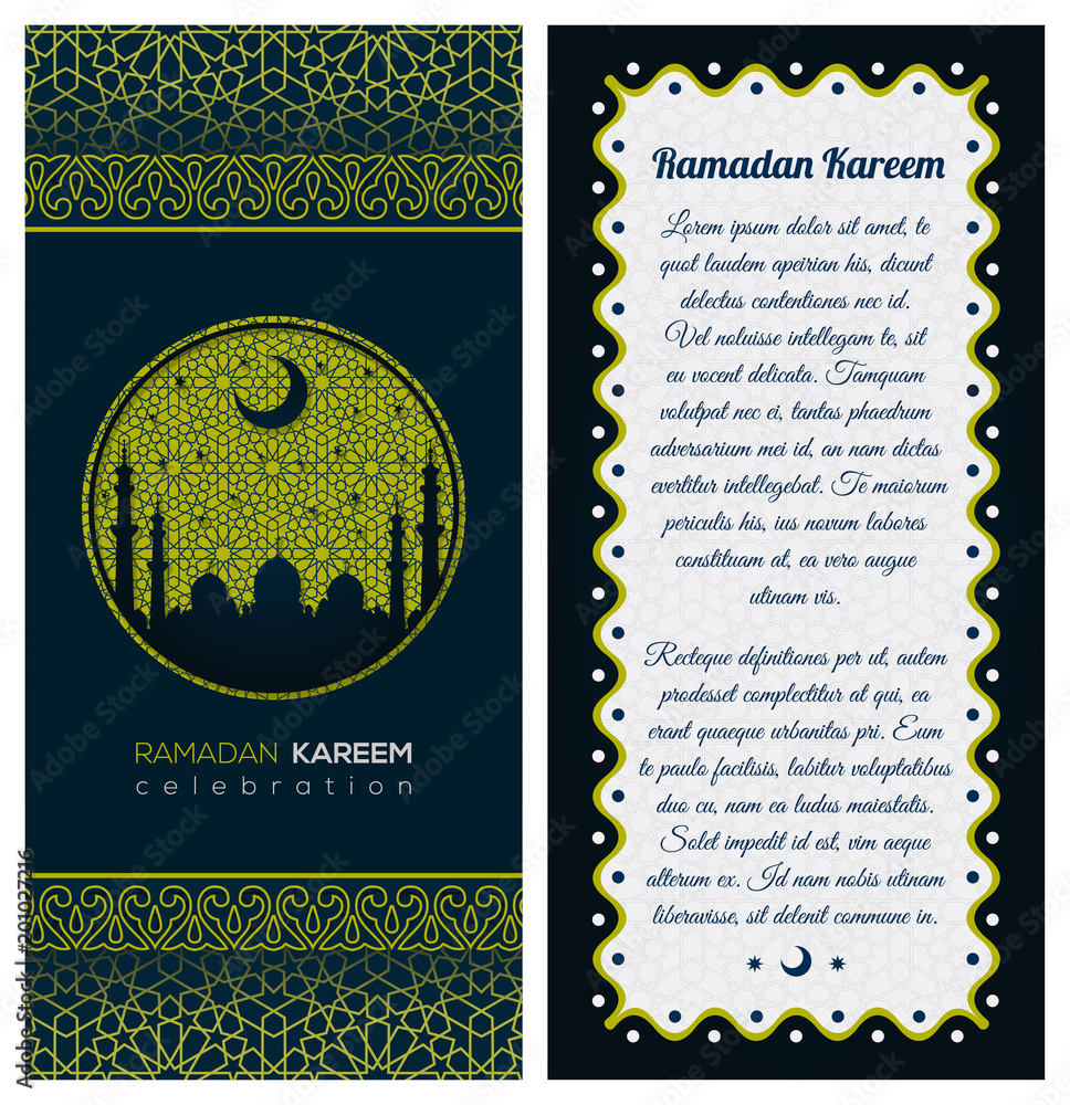Islamic greeting card template with mosque silhouette and arabic ...