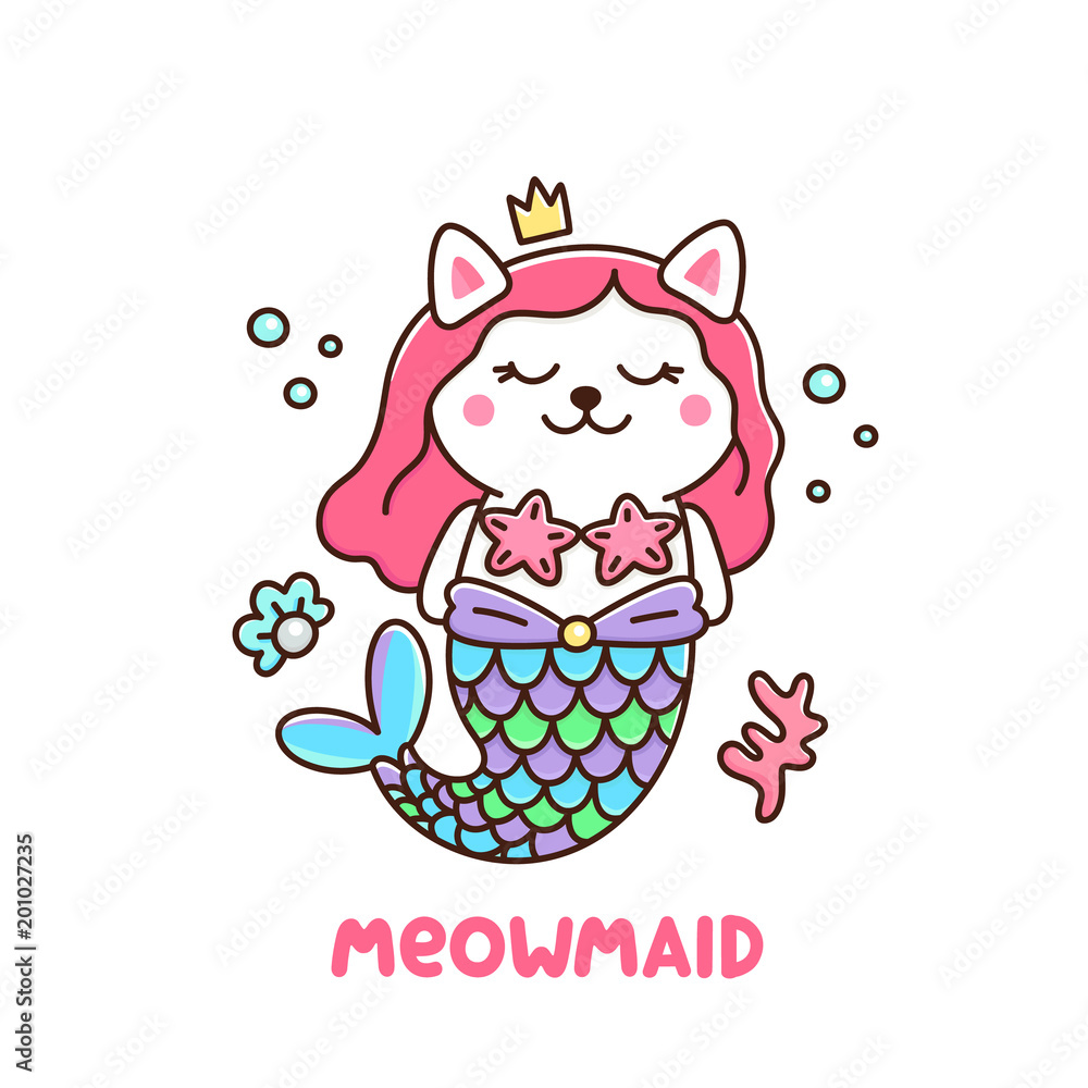 Cute white cat in a mermaid costume. With tail of a mermaid, crown ...
